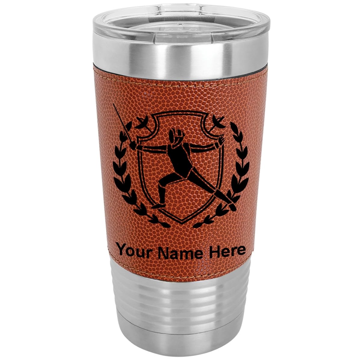 LaserGram 20oz Vacuum Insulated Tumbler Mug, Fencing, Personalized Engraving Included (Faux Leather, Basketball Style)