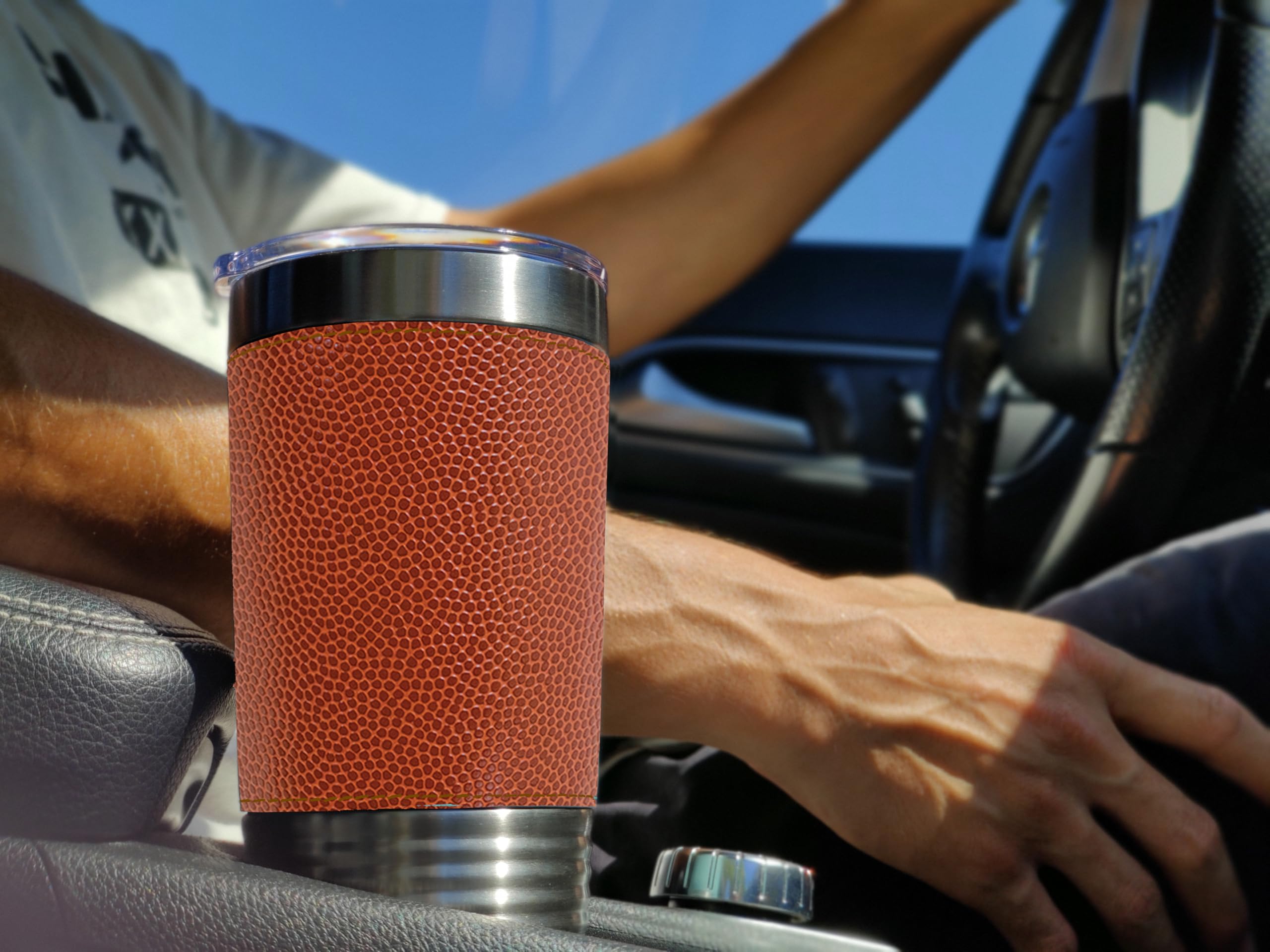 LaserGram 20oz Vacuum Insulated Tumbler Mug, Squirrel, Personalized Engraving Included (Faux Leather, Basketball Style)
