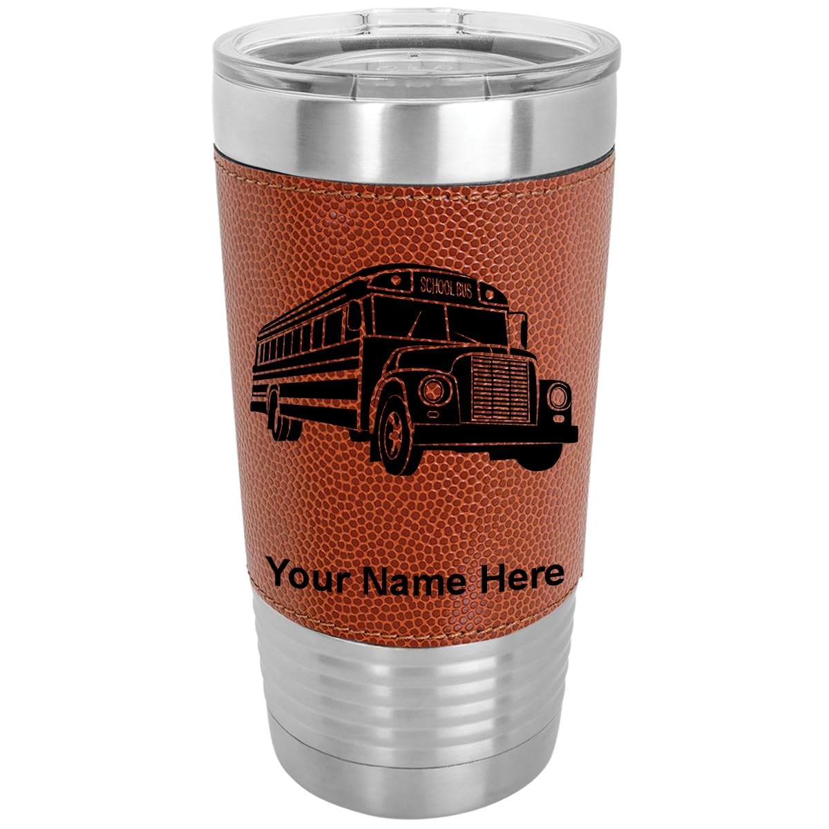 LaserGram 20oz Vacuum Insulated Tumbler Mug, School Bus, Personalized Engraving Included (Faux Leather, Basketball Style)