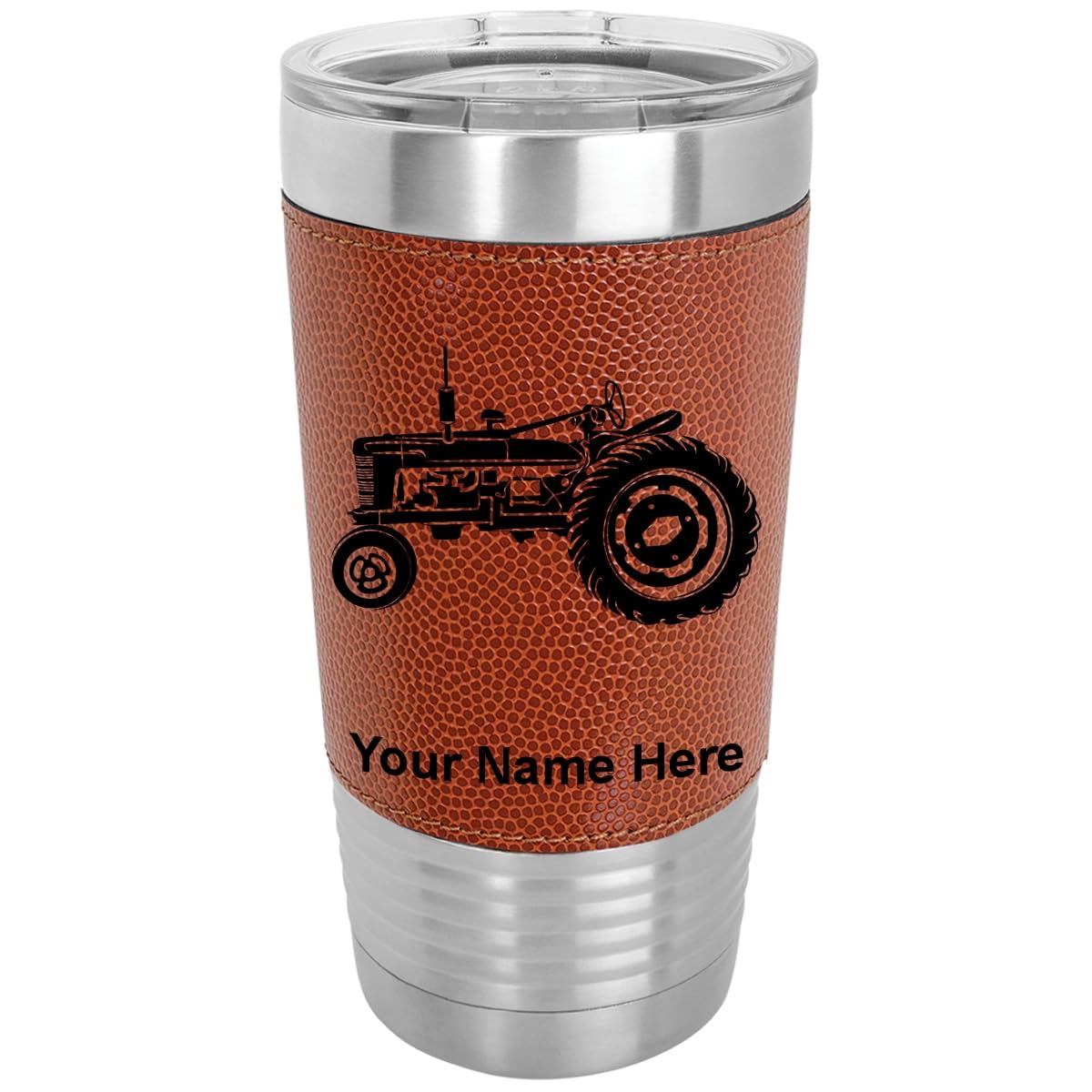 LaserGram 20oz Vacuum Insulated Tumbler Mug, Old Farm Tractor, Personalized Engraving Included (Faux Leather, Basketball Style)