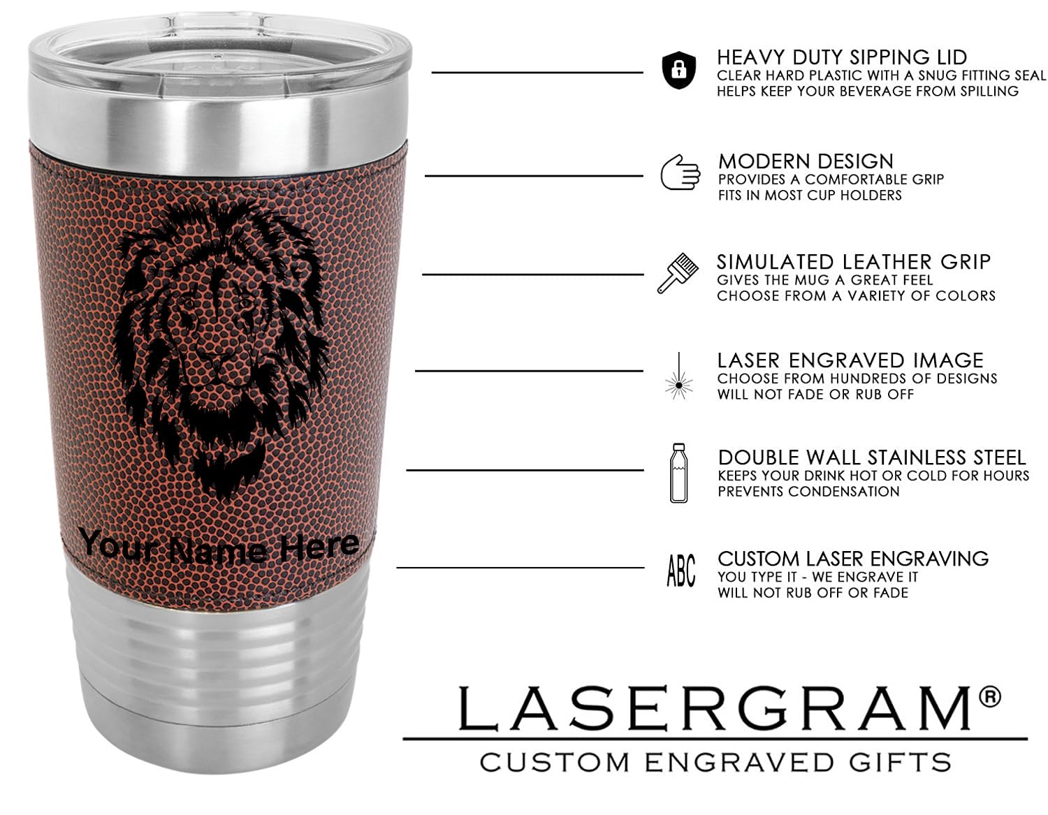 LaserGram 20oz Vacuum Insulated Tumbler Mug, Marlin Fish, Personalized Engraving Included (Faux Leather, Football Style)