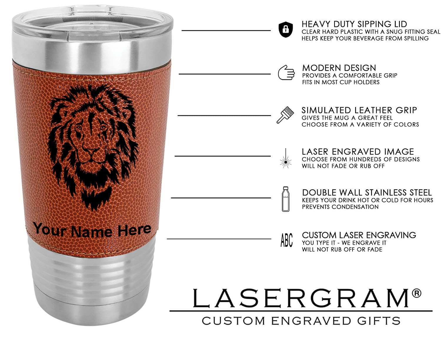 LaserGram 20oz Vacuum Insulated Tumbler Mug, Musical Notes, Personalized Engraving Included (Faux Leather, Basketball Style)