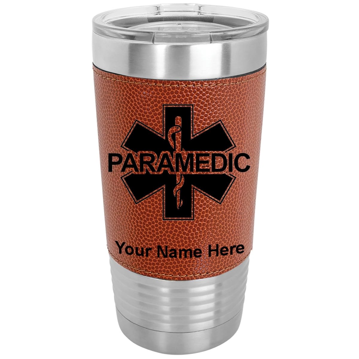 LaserGram 20oz Vacuum Insulated Tumbler Mug, Paramedic, Personalized Engraving Included (Faux Leather, Basketball Style)