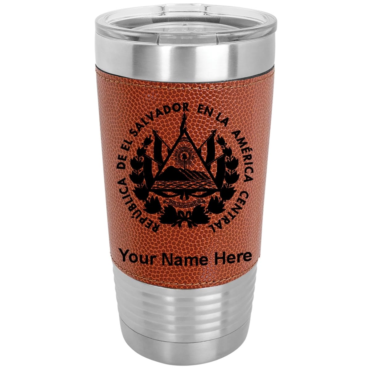 LaserGram 20oz Vacuum Insulated Tumbler Mug, Flag of El Salvador, Personalized Engraving Included (Faux Leather, Basketball Style)