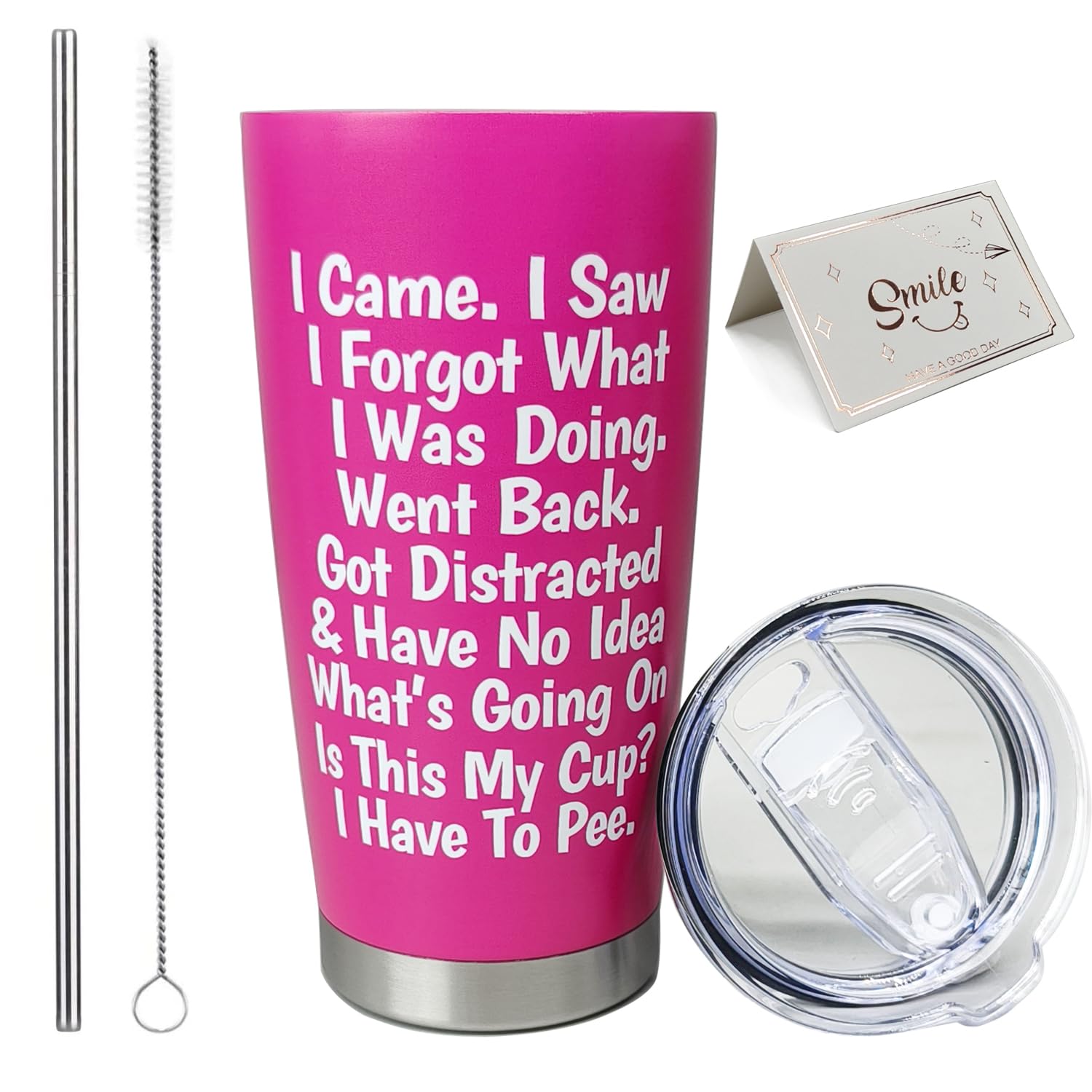 CTIGERS Funny Tumblers for Senior Citizens 20 oz Tumbler with Lid and Straw I Came I Saw Tumbler Insulated Travel Mug gifts for Grandma Grandpa Elder Mom Dad Aunt Birthday Gifts Retirement Gifts Pink