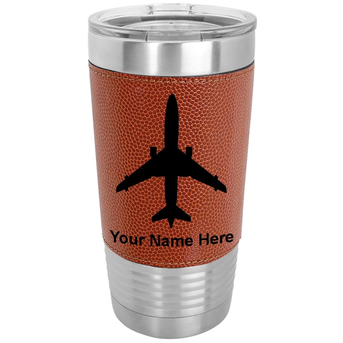 LaserGram 20oz Vacuum Insulated Tumbler Mug, Jet Airplane, Personalized Engraving Included (Faux Leather, Basketball Style)