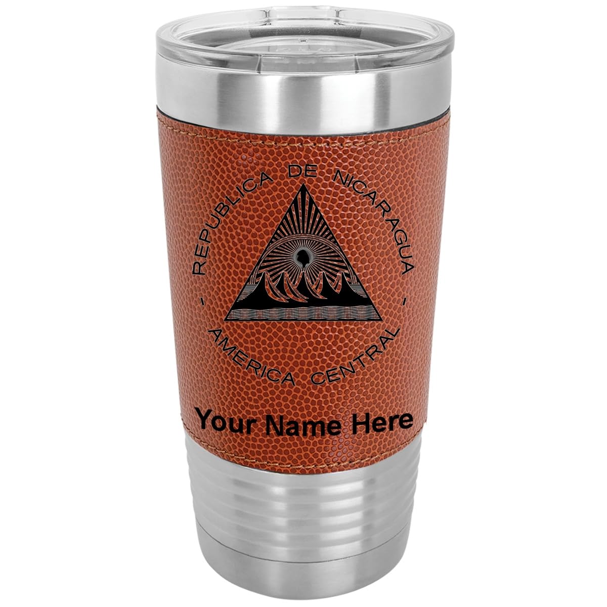 LaserGram 20oz Vacuum Insulated Tumbler Mug, Flag of Nicaragua, Personalized Engraving Included (Faux Leather, Basketball Style)