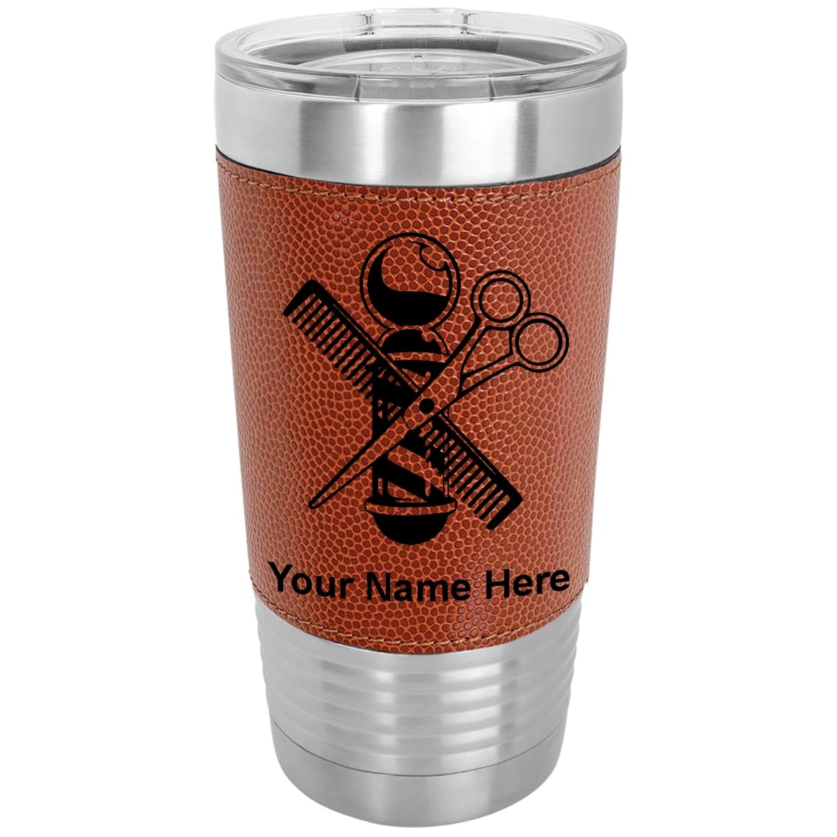 LaserGram 20oz Vacuum Insulated Tumbler Mug, Barber Shop Pole, Personalized Engraving Included (Faux Leather, Basketball Style)