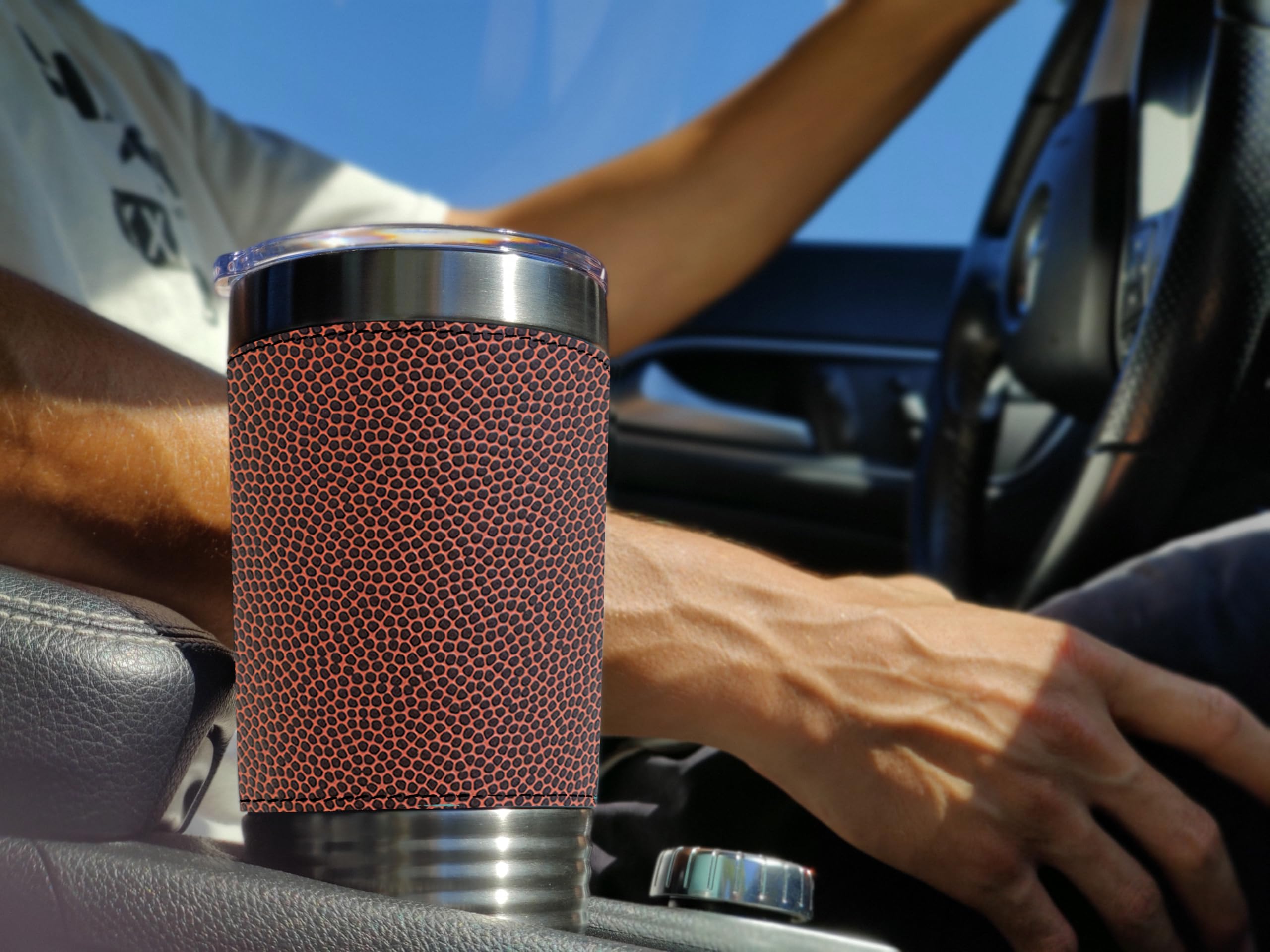 LaserGram 20oz Vacuum Insulated Tumbler Mug, Palm Trees, Personalized Engraving Included (Faux Leather, Football Style)