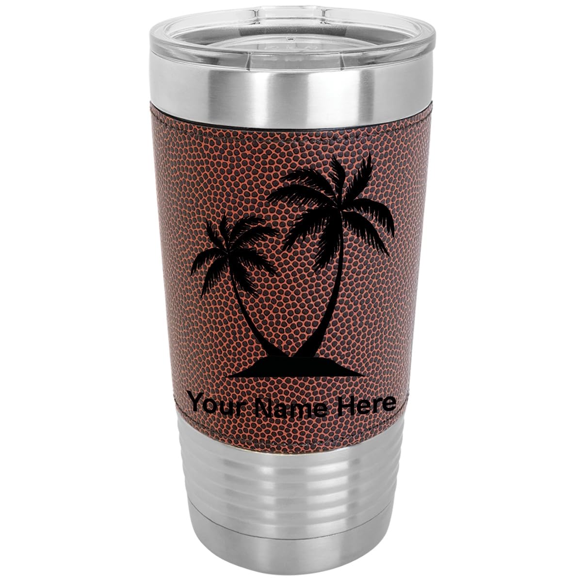 LaserGram 20oz Vacuum Insulated Tumbler Mug, Palm Trees, Personalized Engraving Included (Faux Leather, Football Style)