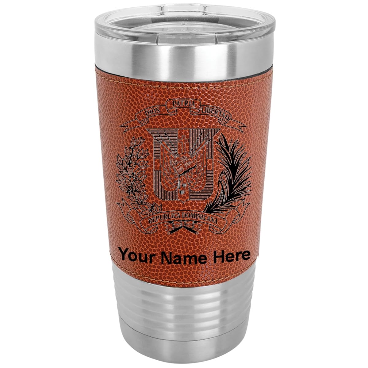 LaserGram 20oz Vacuum Insulated Tumbler Mug, Coat of Arms Dominican Republic, Personalized Engraving Included (Faux Leather, Basketball Style)
