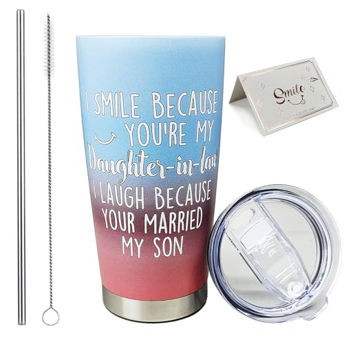 CTIGERS Funny Daughter in Law Tumbler with Lid and Straw Insulated Travel Mug Gifts for Daughter-in-law Birthday,Christmas,Thank Giving Day,Wedding Gifts 20 oz Blue Red Gradient