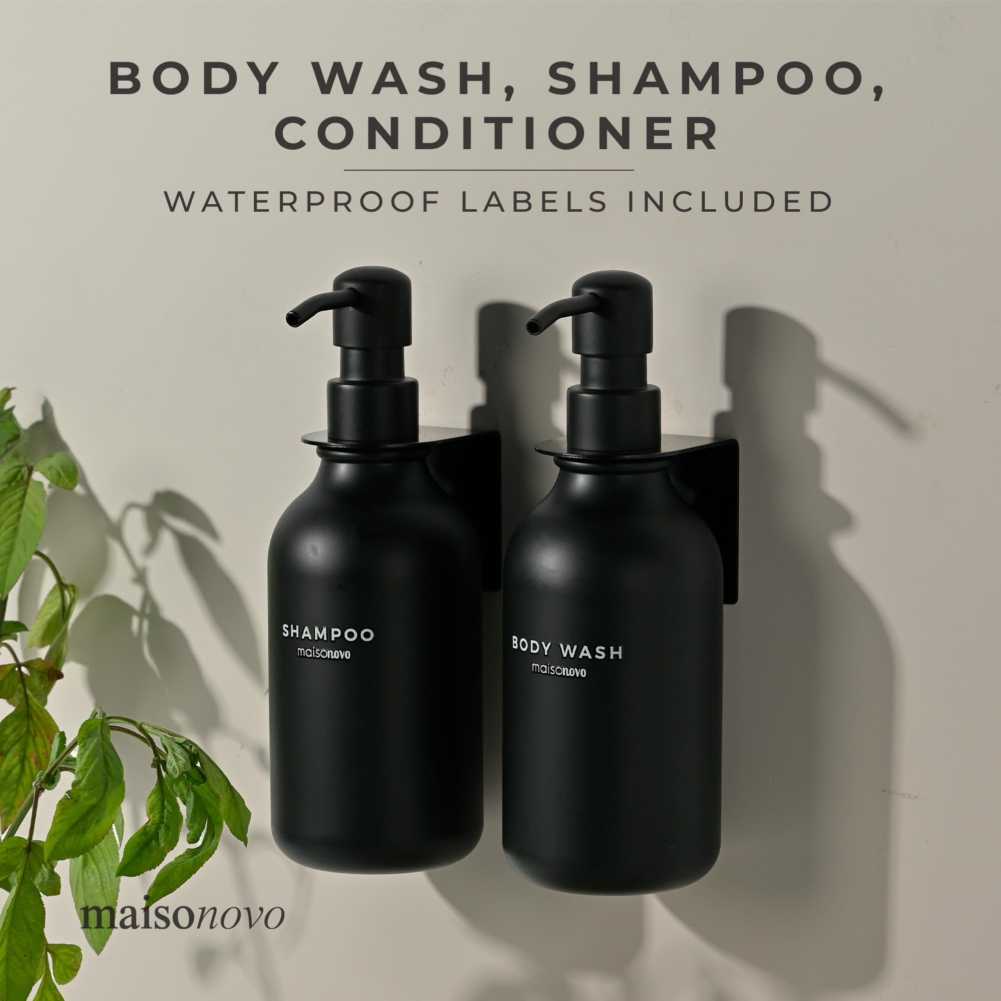 MAISONOVO Shampoo and Conditioner Dispenser with Wall Mounts - 5 Black Plastic Bottles with Black Pump and 2 Amber Bottles, No Drill, Easy Install, Ideal for Home, Office, or Commercial Use