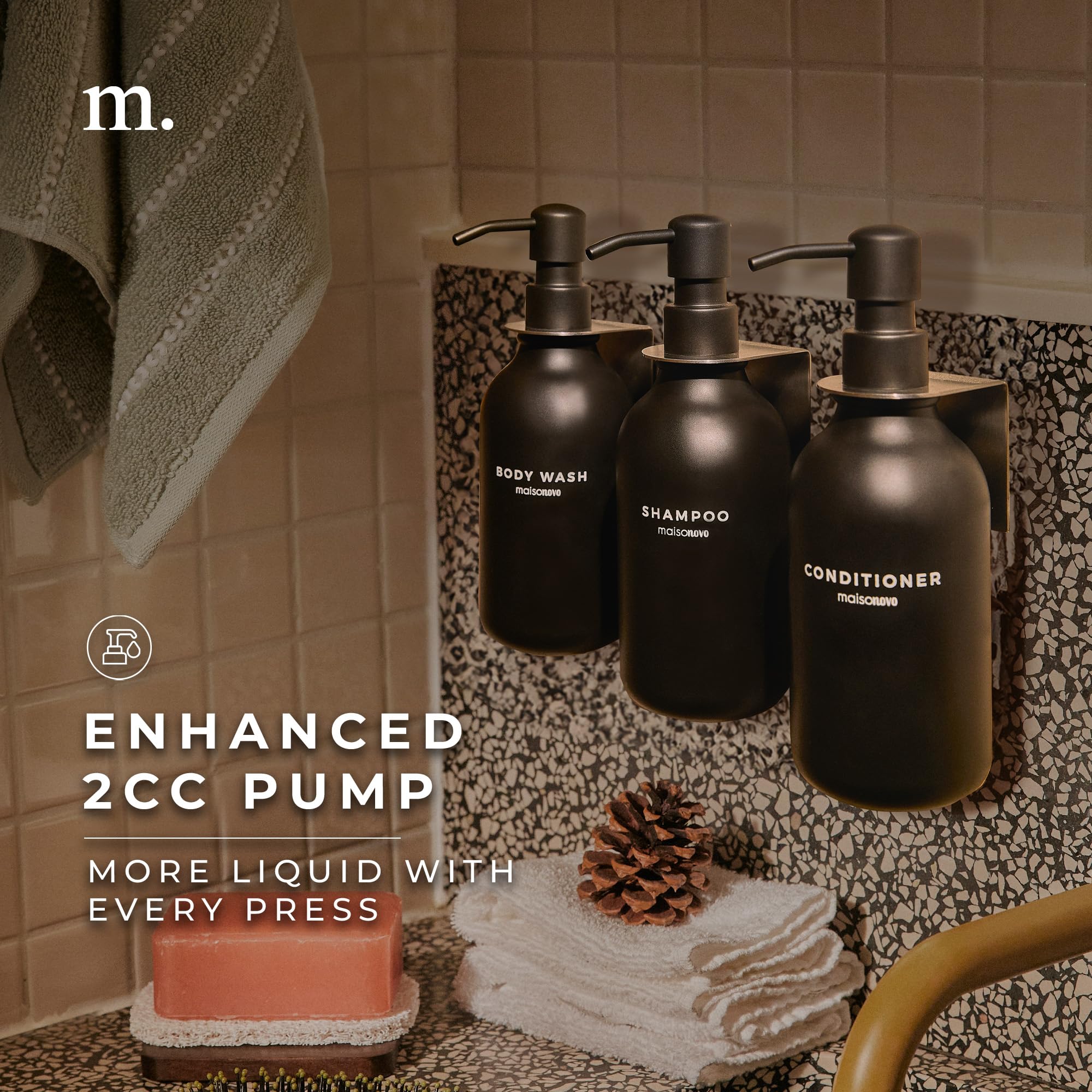 MAISONOVO Shampoo and Conditioner Dispenser with Wall Mounts - 5 Black Plastic Bottles with Black Pump and 2 Amber Bottles, No Drill, Easy Install, Ideal for Home, Office, or Commercial Use