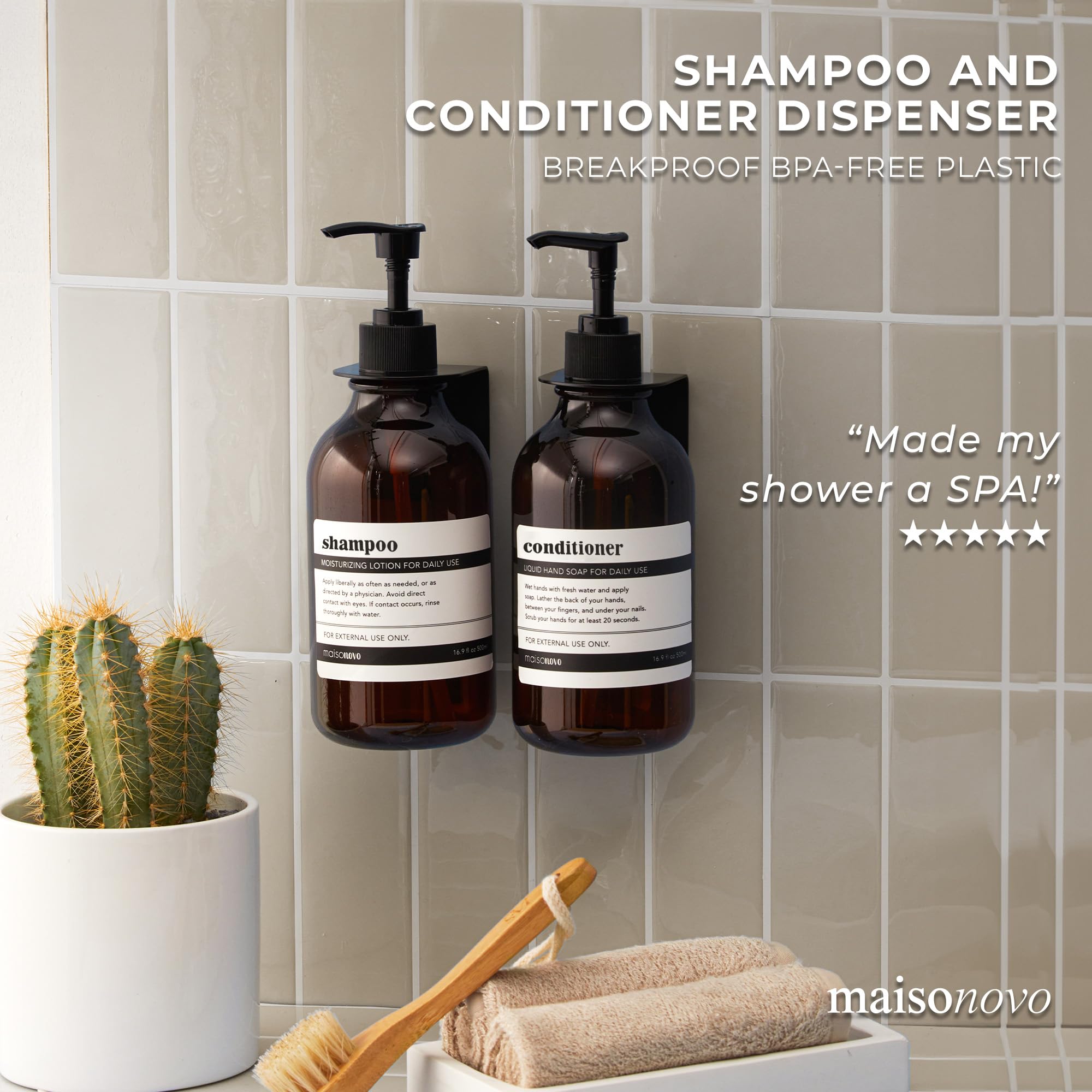 MAISONOVO Shampoo and Conditioner Dispenser with Wall Mounts - 5 Black Plastic Bottles with Black Pump and 2 Amber Bottles, No Drill, Easy Install, Ideal for Home, Office, or Commercial Use