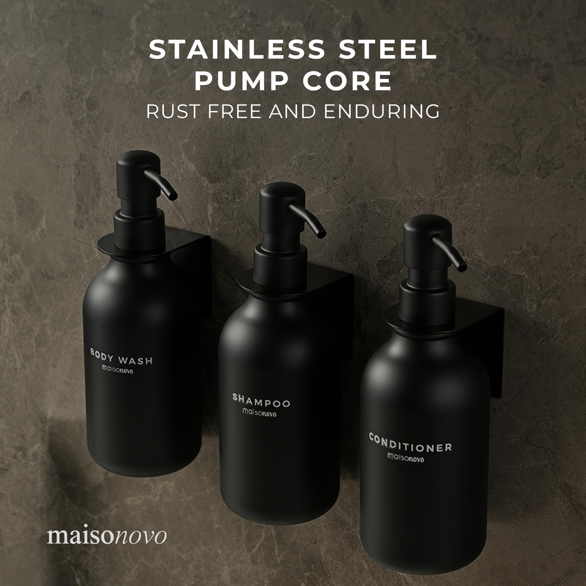MAISONOVO Shampoo and Conditioner Dispenser with Wall Mounts - 5 Black Plastic Bottles with Black Pump and 2 Amber Bottles, No Drill, Easy Install, Ideal for Home, Office, or Commercial Use