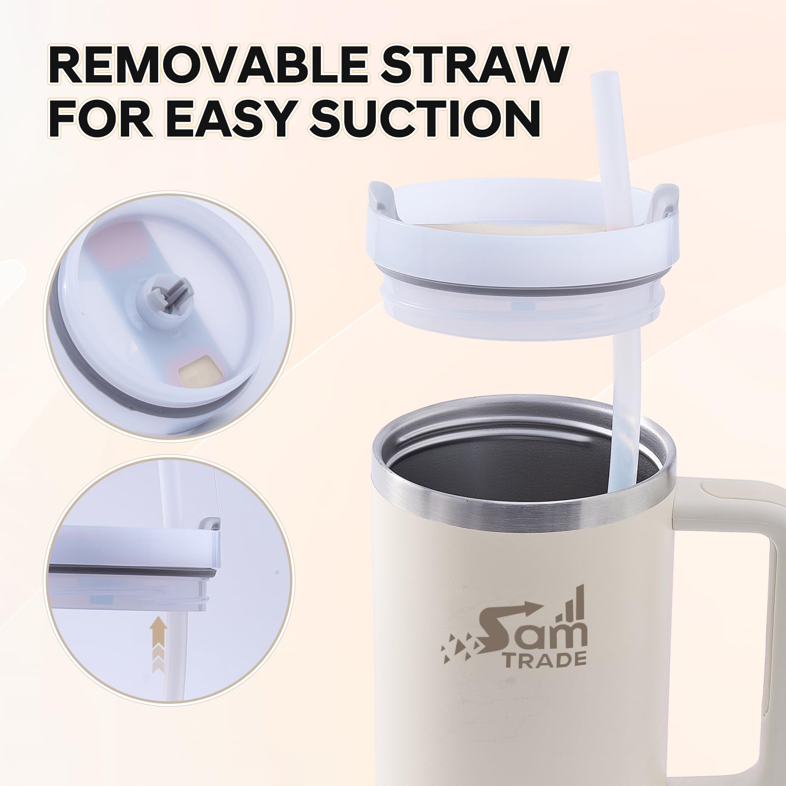 Samtrade Drinking Cup, Stainless Steel Insulated Tumbler with Handle (40oz) - 100% Leak-Proof Friendly Travel Mug, Light Gray, YX-T40
