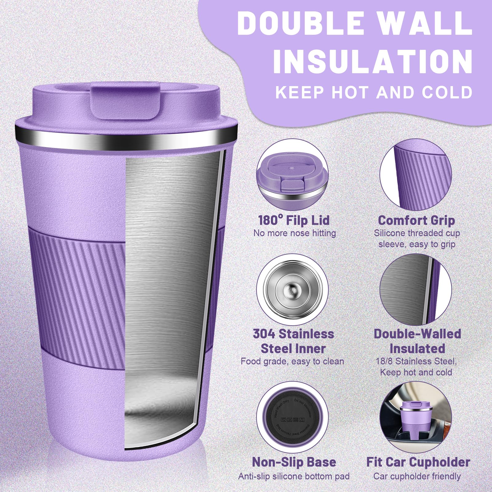 Insulated Coffee Tumblers with Flip Lid 12oz / 17oz, Stainless Steel Travel Coffee Mug Leak Proof, Vacuum Insulated Coffee Mug Thermos Cup, Keeps Cold and Hot for Coffee Tea