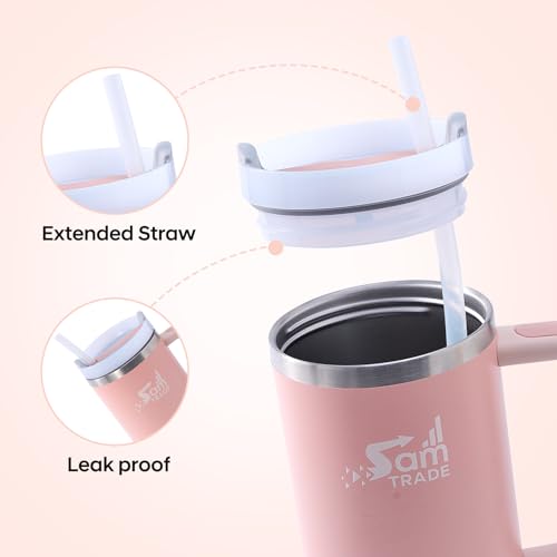 Samtrade Drinking Cup, Stainless Steel Insulated Tumbler with Handle (40oz) - 100% Leak-Proof Friendly Travel Mug, Soft Coral, YX-T40