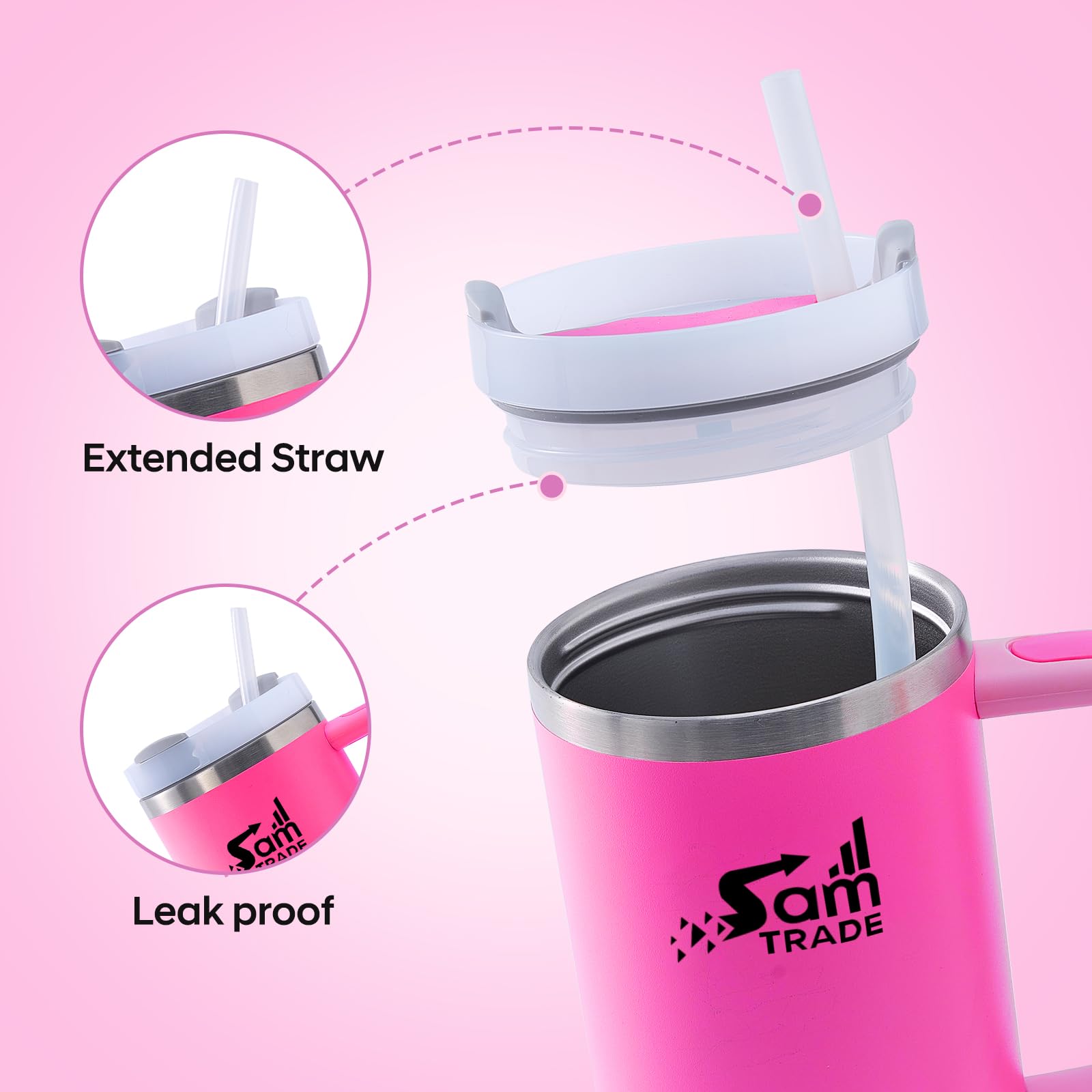 Samtrade Drinking Cup, Stainless Steel Insulated Tumbler with Handle (40oz) - 100% Leak-Proof Friendly Travel Mug, Pink, YX-T40