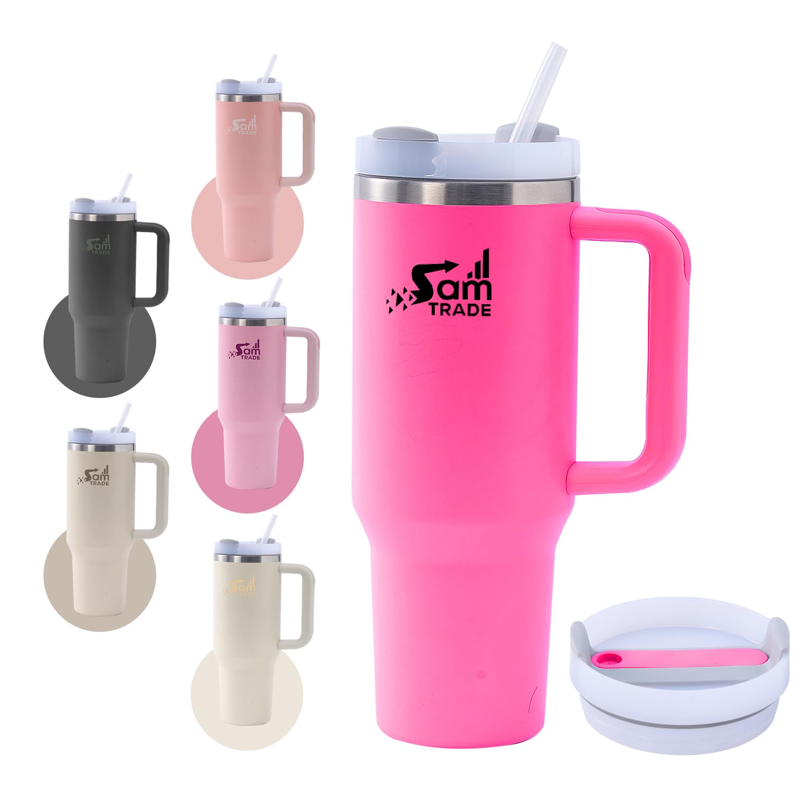 Samtrade Drinking Cup, Stainless Steel Insulated Tumbler with Handle (40oz) - 100% Leak-Proof Friendly Travel Mug, Pink, YX-T40