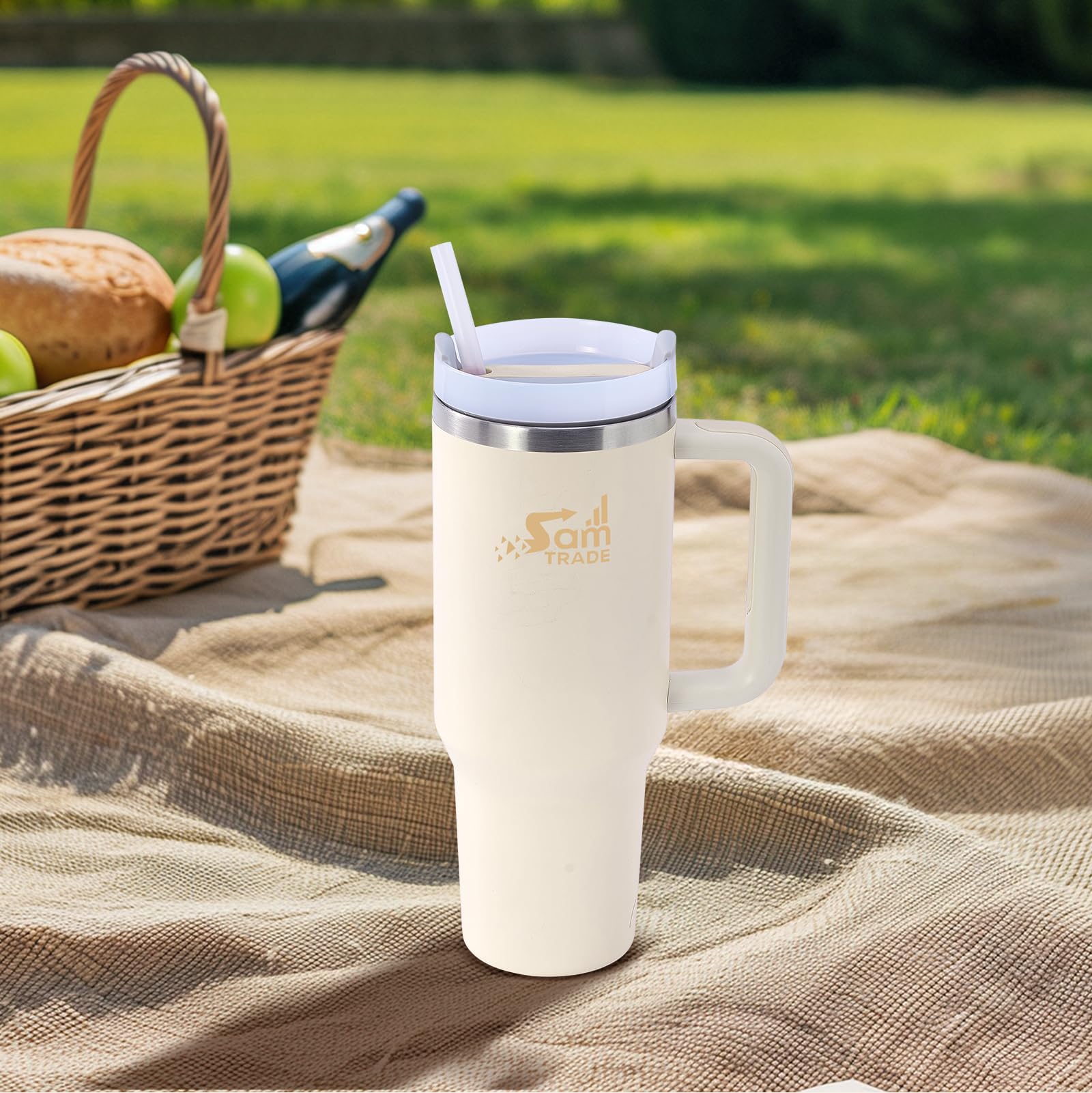 Samtrade Drinking Cup, Stainless Steel Insulated Tumbler with Handle (40oz) - 100% Leak-Proof Friendly Travel Mug, Light Yellow, YX-T40