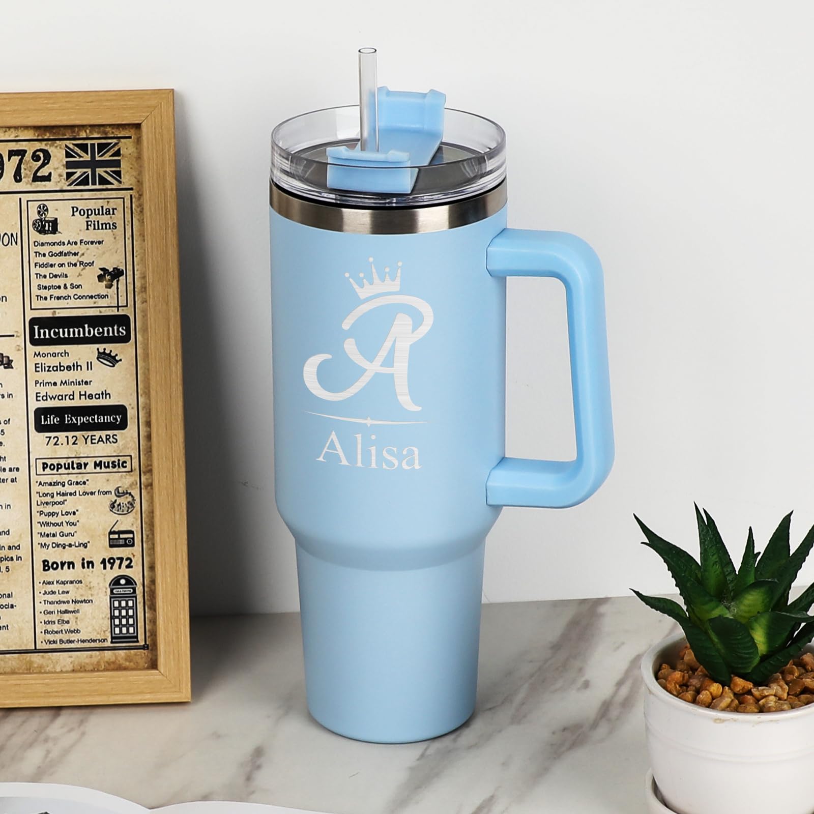 KrazeKK Personalized 40 Oz Monogrammed Initial Tumbler - Insulated Coffee Cup with Handle, Straw - Customized Reusable Water Bottle Travel Mug With Letter A-Z - Birthday Gifts for Women, Men, Friend