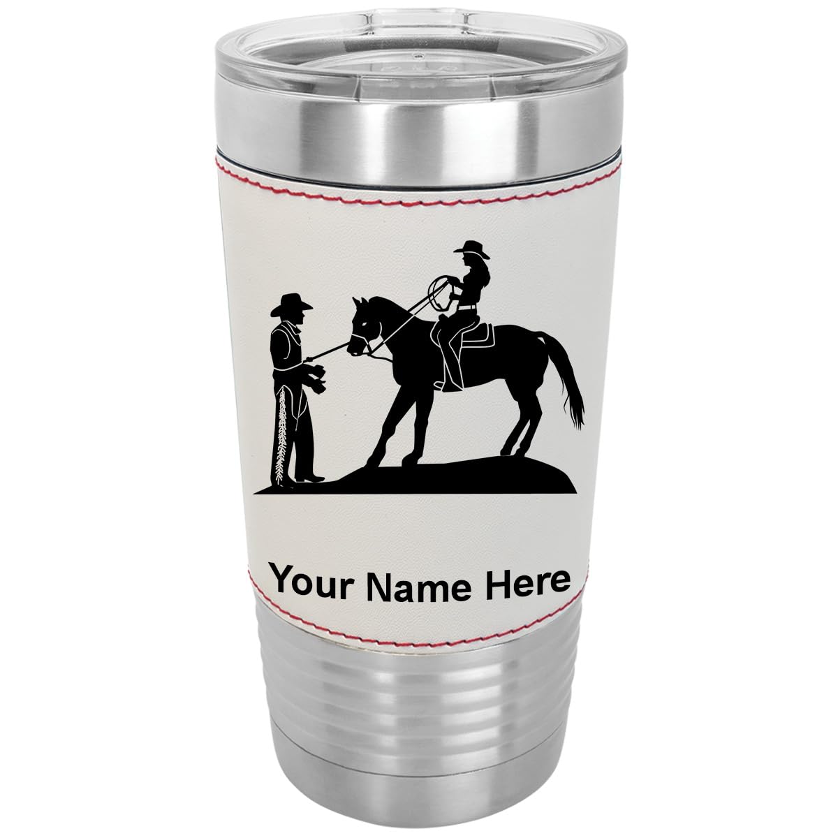 LaserGram 20oz Vacuum Insulated Tumbler Mug, Cowgirl Roping a Man, Personalized Engraving Included (Faux Leather, Baseball Style)