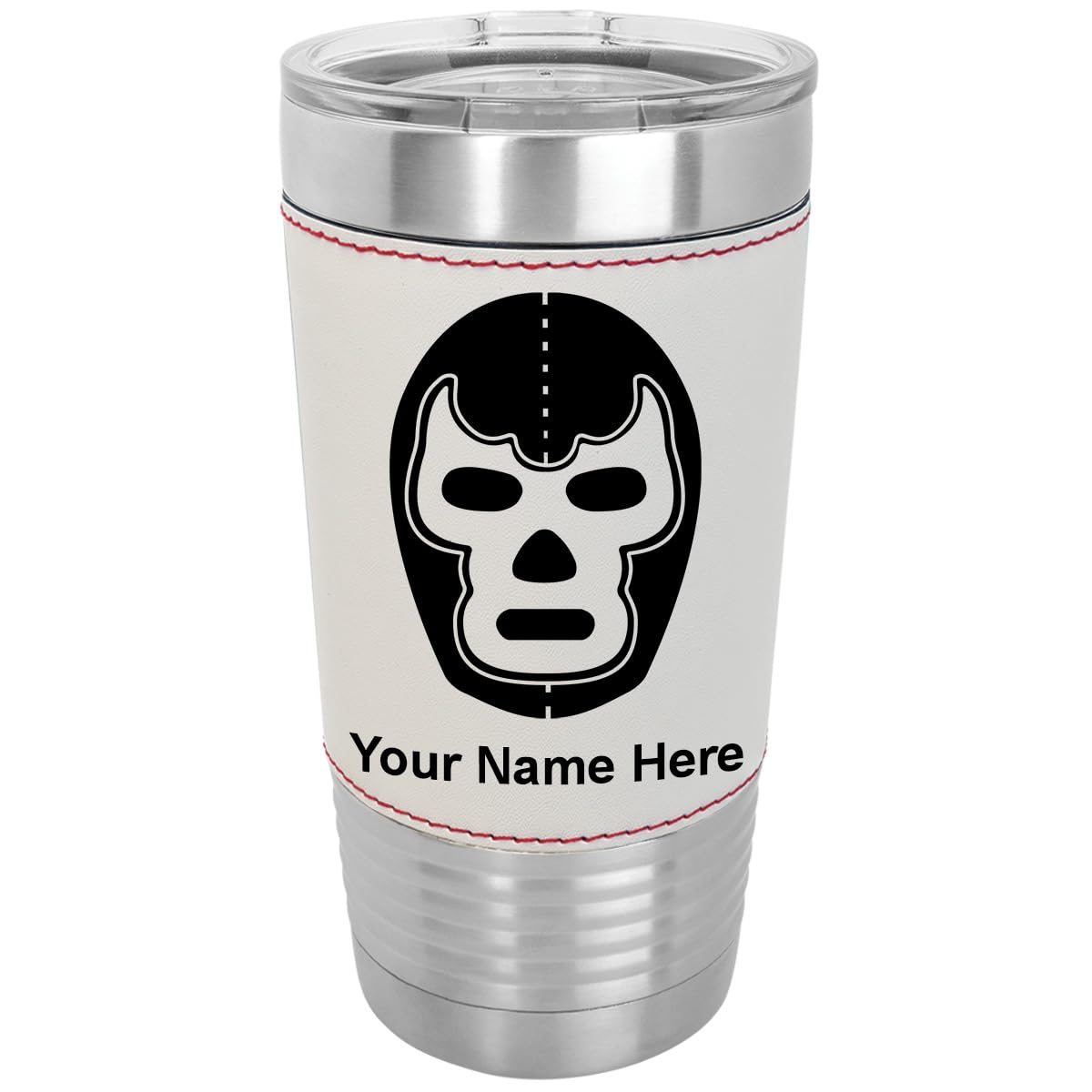 LaserGram 20oz Vacuum Insulated Tumbler Mug, Luchador Mask, Personalized Engraving Included (Faux Leather, Baseball Style)