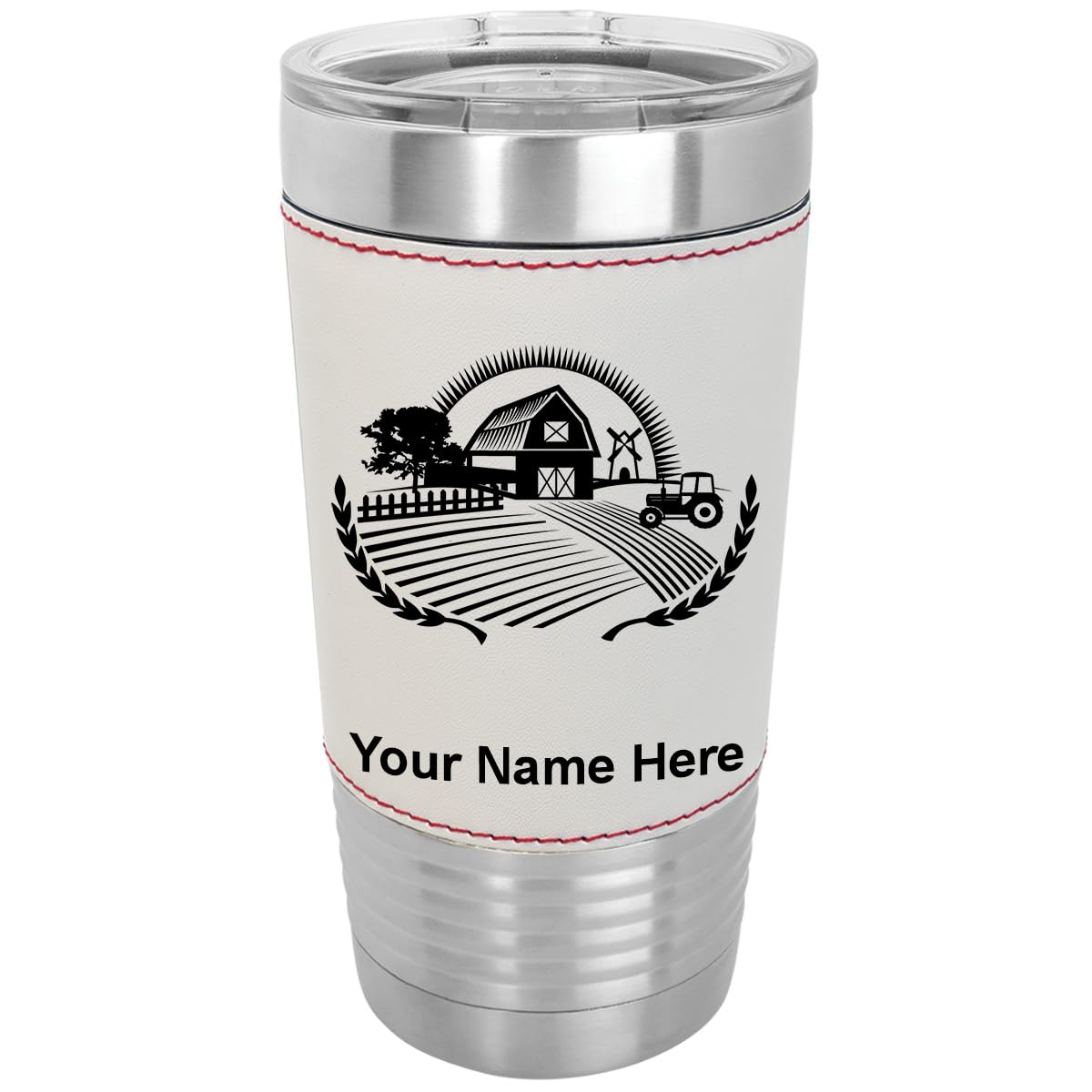 LaserGram 20oz Vacuum Insulated Tumbler Mug, Farm, Personalized Engraving Included (Faux Leather, Baseball Style)