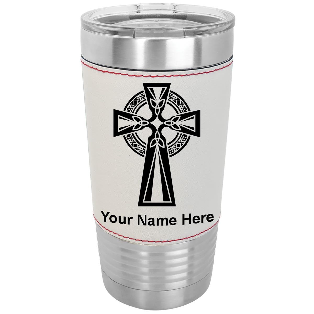 LaserGram 20oz Vacuum Insulated Tumbler Mug, Celtic Cross, Personalized Engraving Included (Faux Leather, Baseball Style)