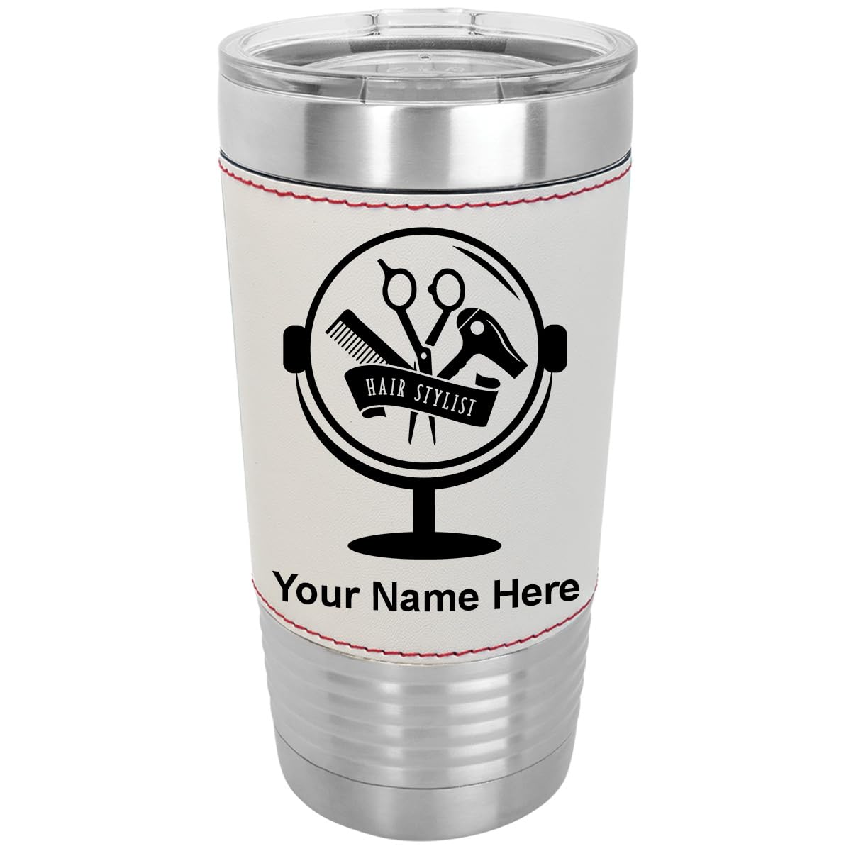 LaserGram 20oz Vacuum Insulated Tumbler Mug, Hair Stylist, Personalized Engraving Included (Faux Leather, Baseball Style)