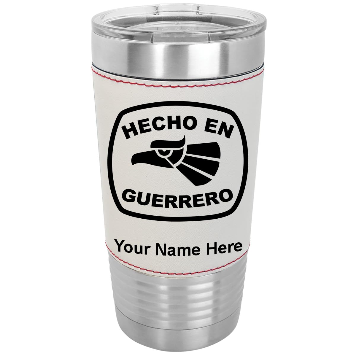 LaserGram 20oz Vacuum Insulated Tumbler Mug, Hecho en Guerrero, Personalized Engraving Included (Faux Leather, Baseball Style)