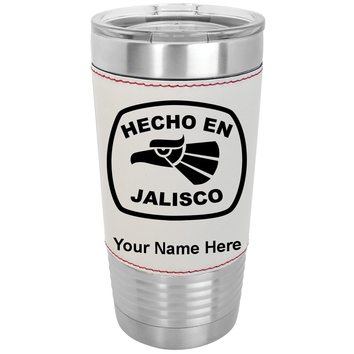 LaserGram 20oz Vacuum Insulated Tumbler Mug, Hecho en Jalisco, Personalized Engraving Included (Faux Leather, Baseball Style)