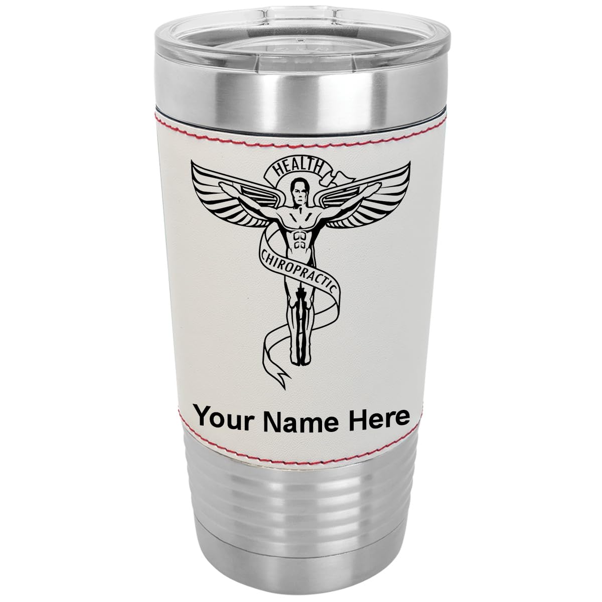 LaserGram 20oz Vacuum Insulated Tumbler Mug, Chiropractic Symbol, Personalized Engraving Included (Faux Leather, Baseball Style)
