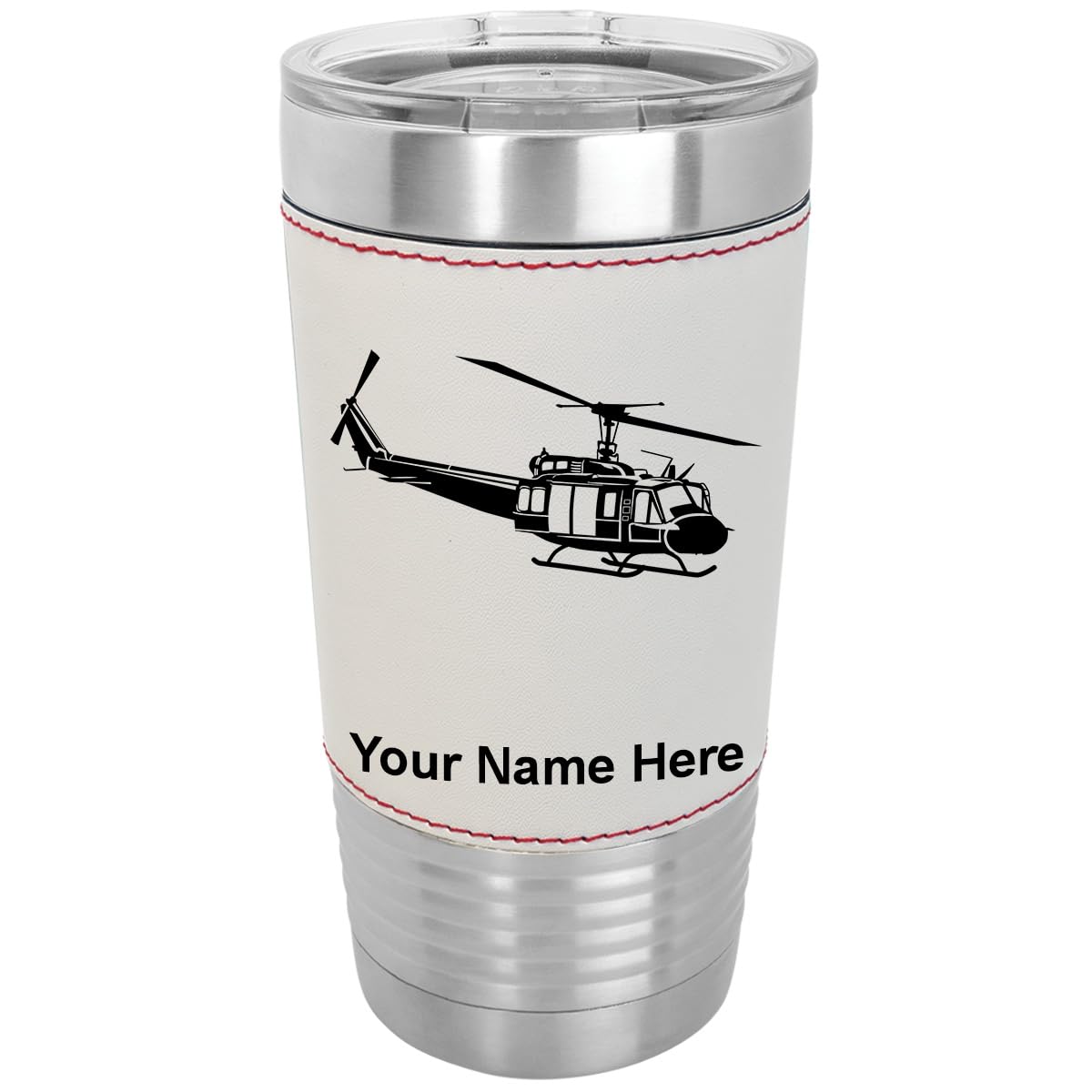 LaserGram 20oz Vacuum Insulated Tumbler Mug, Military Helicopter 2, Personalized Engraving Included (Faux Leather, Baseball Style)