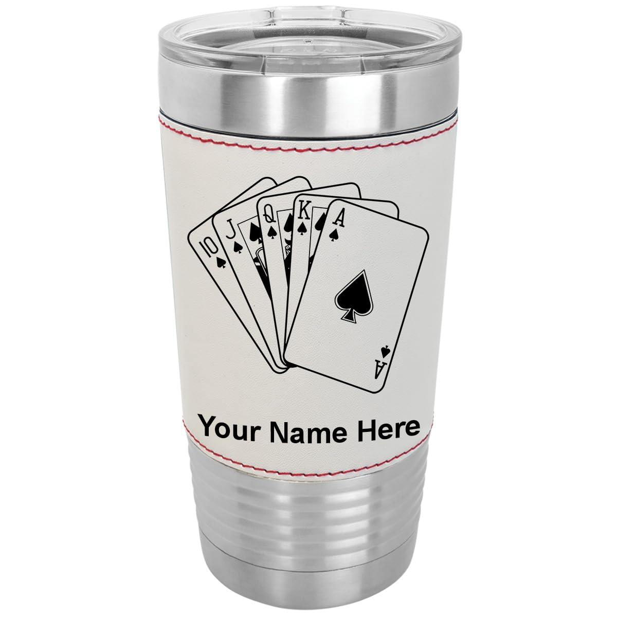 LaserGram 20oz Vacuum Insulated Tumbler Mug, Royal Flush Poker Cards, Personalized Engraving Included (Faux Leather, Baseball Style)