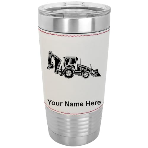 LaserGram 20oz Vacuum Insulated Tumbler Mug, Backhoe Loader, Personalized Engraving Included (Faux Leather, Baseball Style)