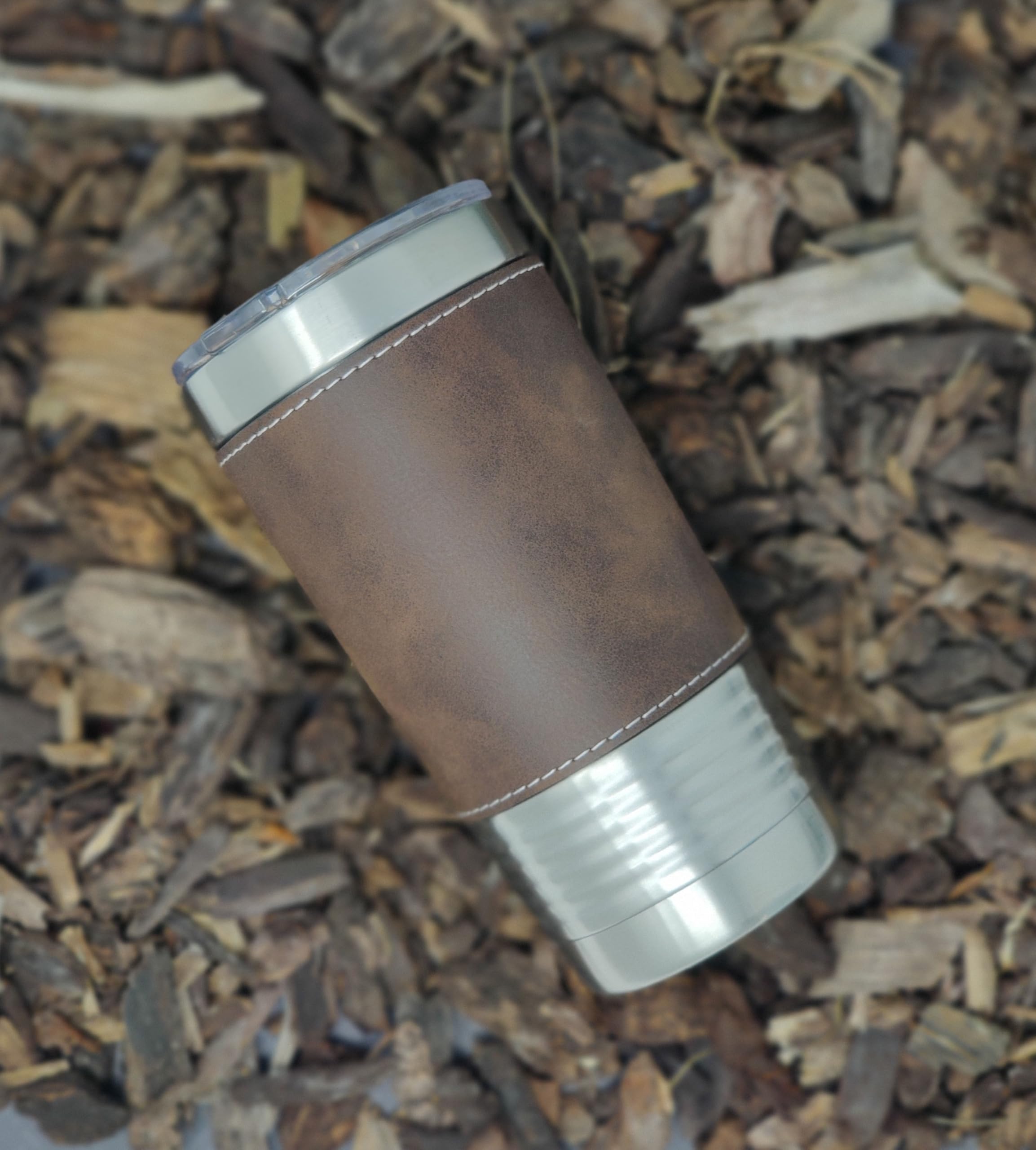 LaserGram 20oz Vacuum Insulated Tumbler Mug, Musical Notes, Personalized Engraving Included (Faux Leather, Baseball Style)