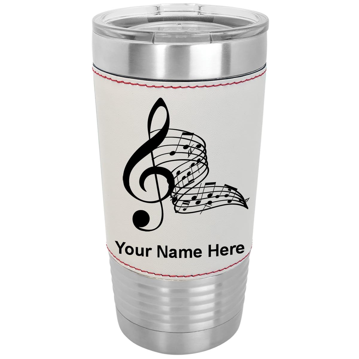 LaserGram 20oz Vacuum Insulated Tumbler Mug, Musical Notes, Personalized Engraving Included (Faux Leather, Baseball Style)