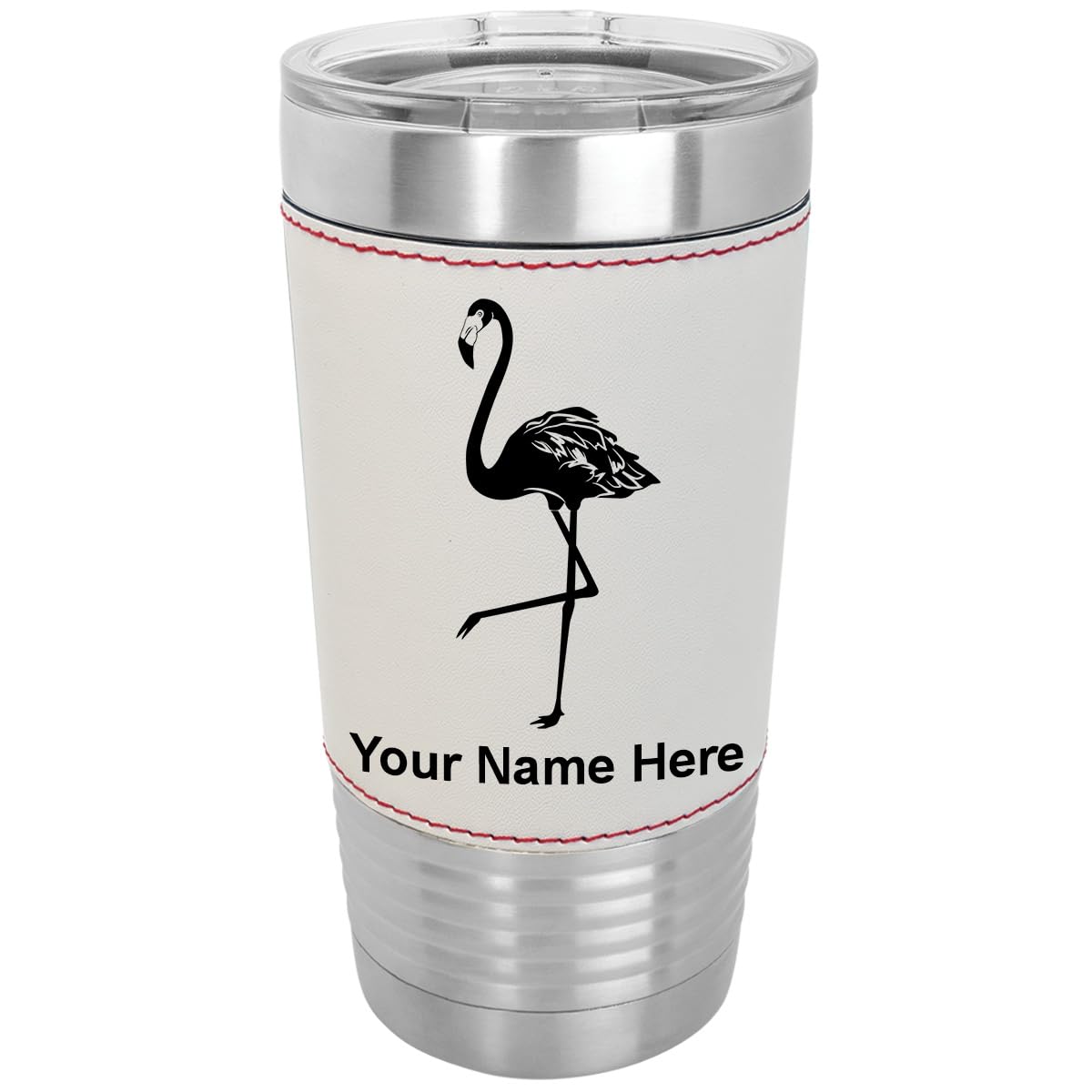 LaserGram 20oz Vacuum Insulated Tumbler Mug, Flamingo, Personalized Engraving Included (Faux Leather, Baseball Style)