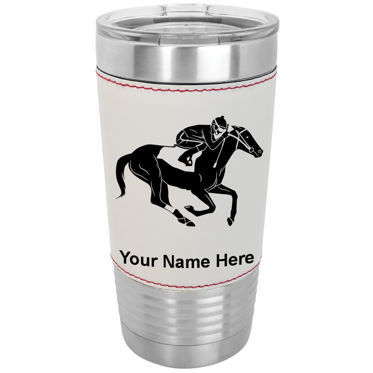 LaserGram 20oz Vacuum Insulated Tumbler Mug, Horse Racing, Personalized Engraving Included (Faux Leather, Baseball Style)