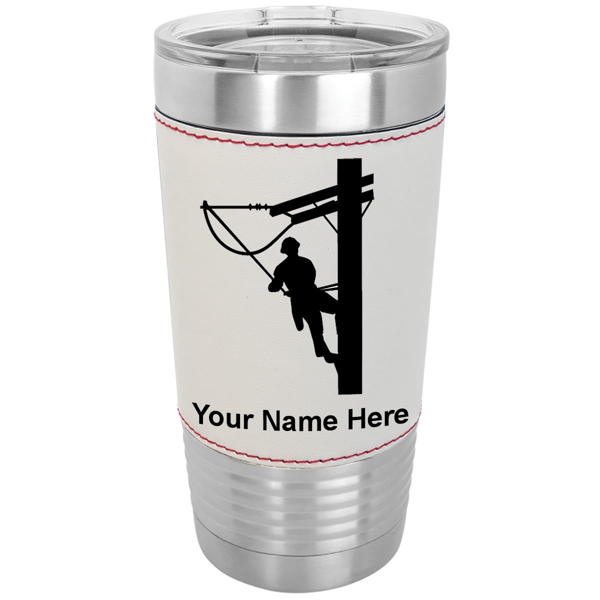 LaserGram 20oz Vacuum Insulated Tumbler Mug, Lineman, Personalized Engraving Included (Faux Leather, Baseball Style)