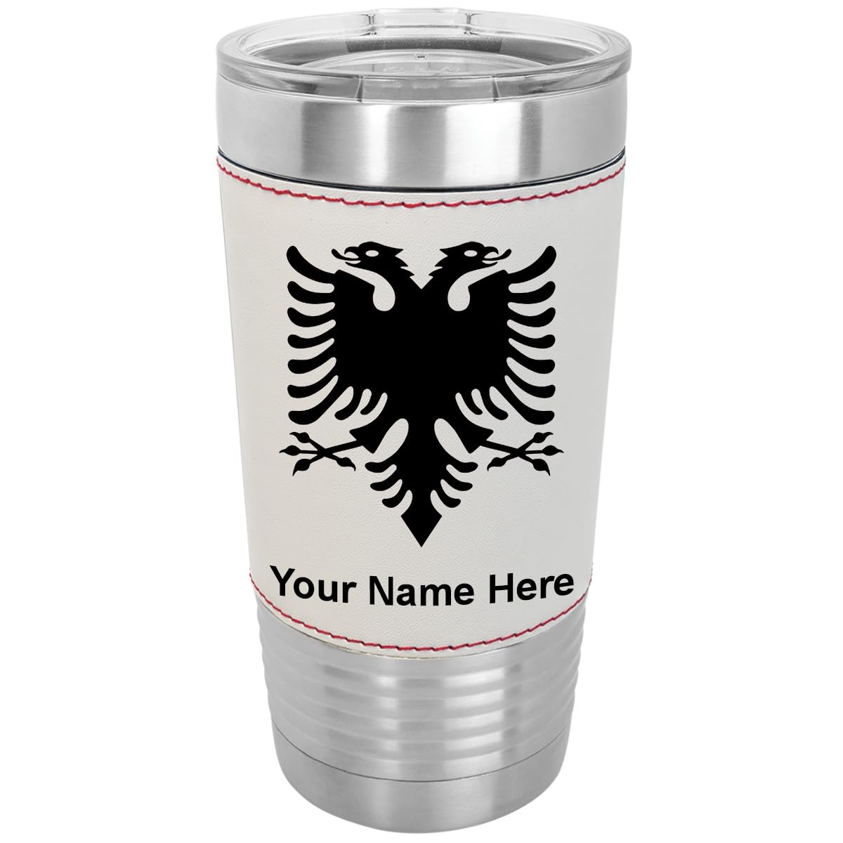 LaserGram 20oz Vacuum Insulated Tumbler Mug, Flag of Albania, Personalized Engraving Included (Faux Leather, Baseball Style)