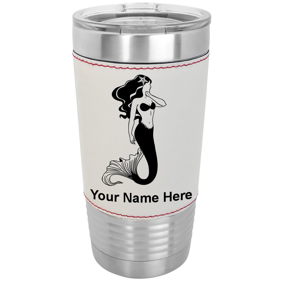 LaserGram 20oz Vacuum Insulated Tumbler Mug, Mermaid, Personalized Engraving Included (Faux Leather, Baseball Style)