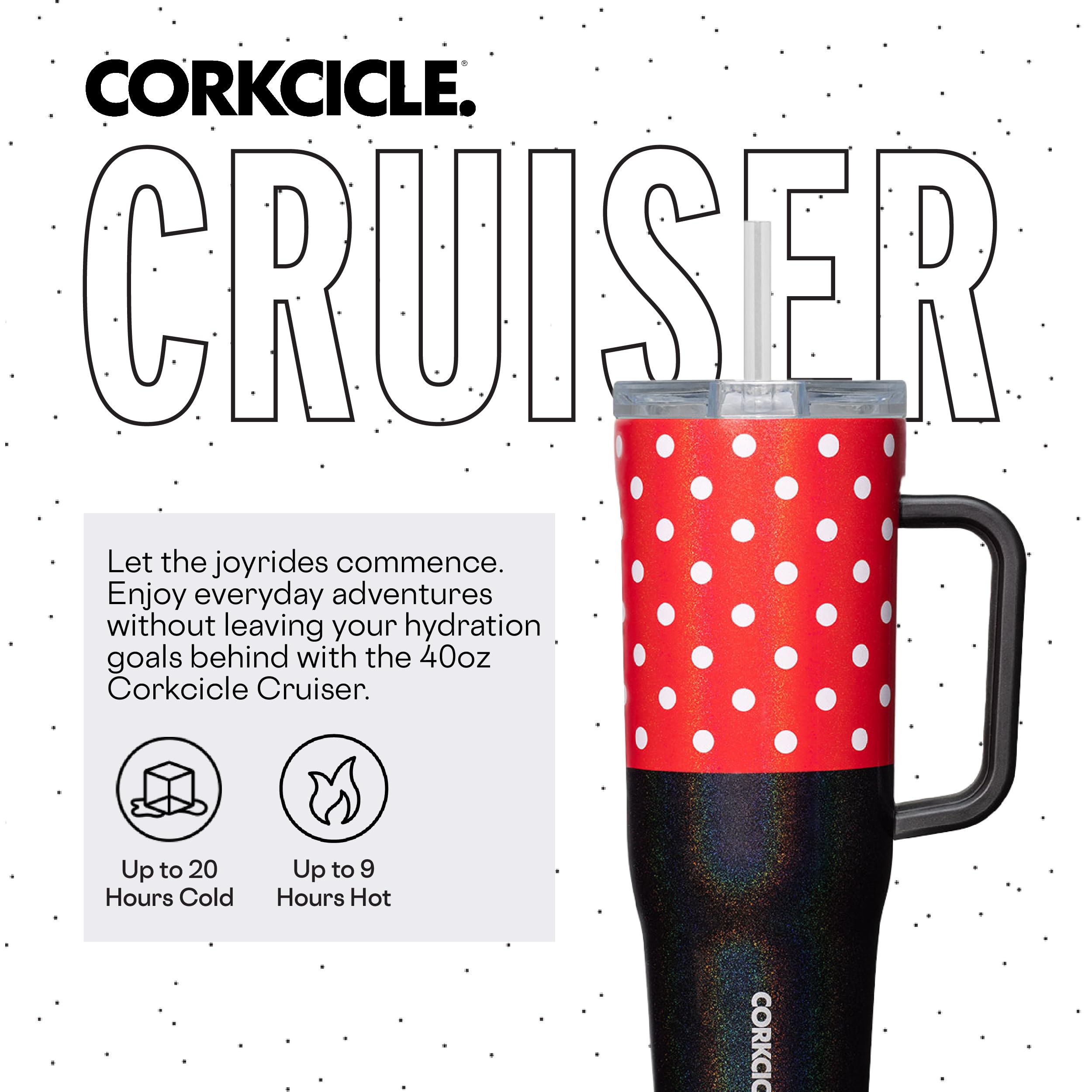 Corkcicle x Disney Minnie Mouse Cruiser Insulated Tumbler with Handle and Straw, Polka Dot Red, 40 oz – Reusable Water Bottle Keeps Beverages Cold 20hrs, Hot 9hrs – Cupholder Friendly, Spill Proof