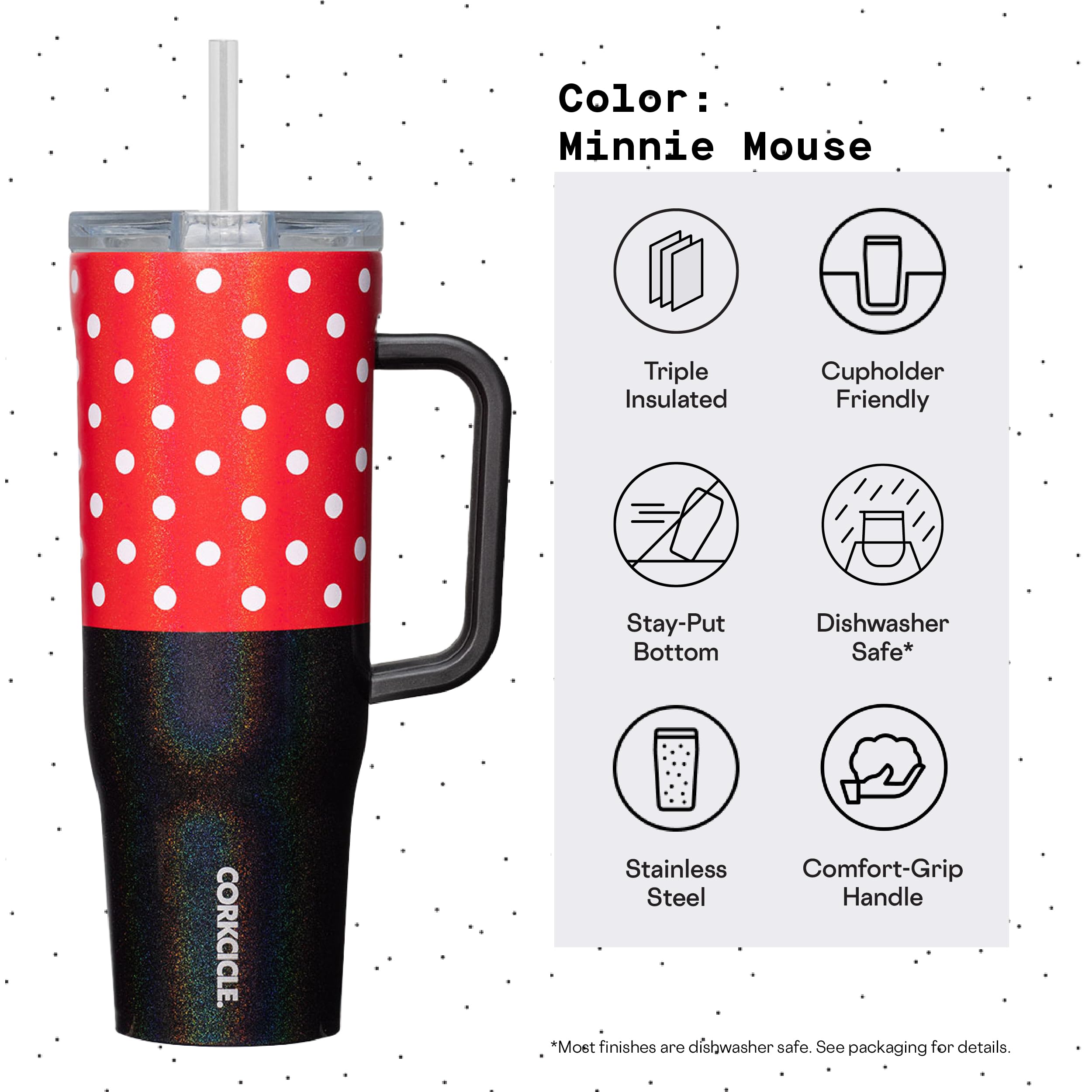 Corkcicle x Disney Minnie Mouse Cruiser Insulated Tumbler with Handle and Straw, Polka Dot Red, 40 oz – Reusable Water Bottle Keeps Beverages Cold 20hrs, Hot 9hrs – Cupholder Friendly, Spill Proof