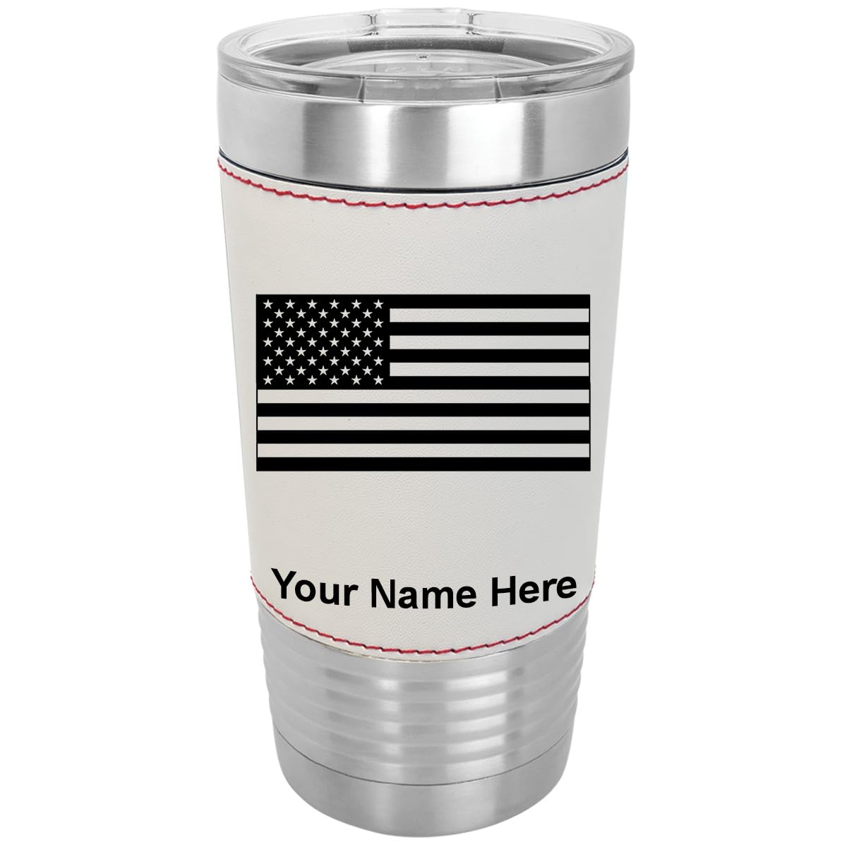 LaserGram 20oz Vacuum Insulated Tumbler Mug, Flag of the United States, Personalized Engraving Included (Faux Leather, Baseball Style)