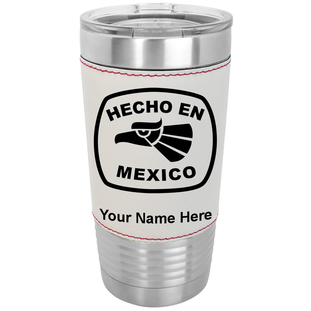 LaserGram 20oz Vacuum Insulated Tumbler Mug, Hecho en Mexico, Personalized Engraving Included (Faux Leather, Baseball Style)