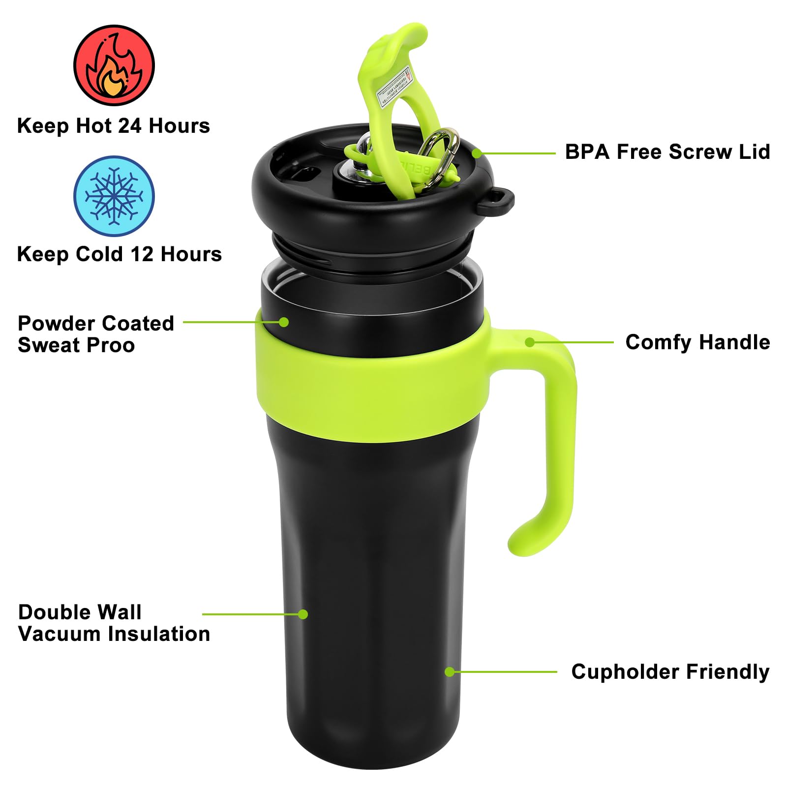40oz Insulated Tumbler with Lid and Straw, Stainless Steel Thermal Water Bottle Cups with Handle, Leak-proof Travel Coffee Mug for Hot and Cold Beverages (Black)